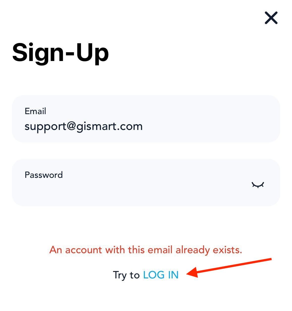 Error message "Account with this email already exists" – Dancebit